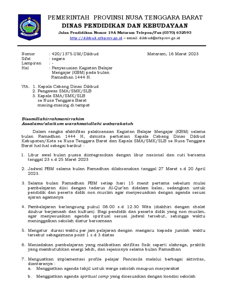 Surat Penyesuaian PBM Selama Bulan Ramadhan-Final | PDF | Perjalanan