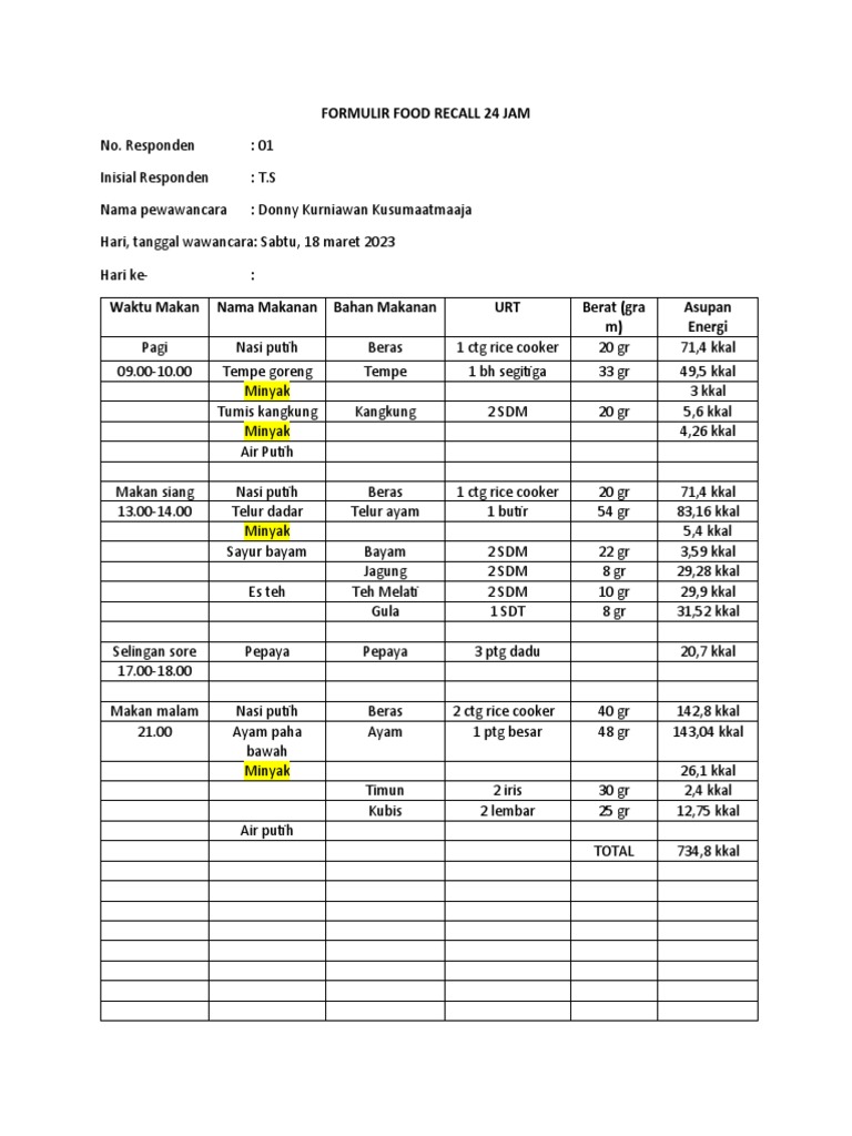 FORMULIR FOOD RECALL 24 JAM | PDF