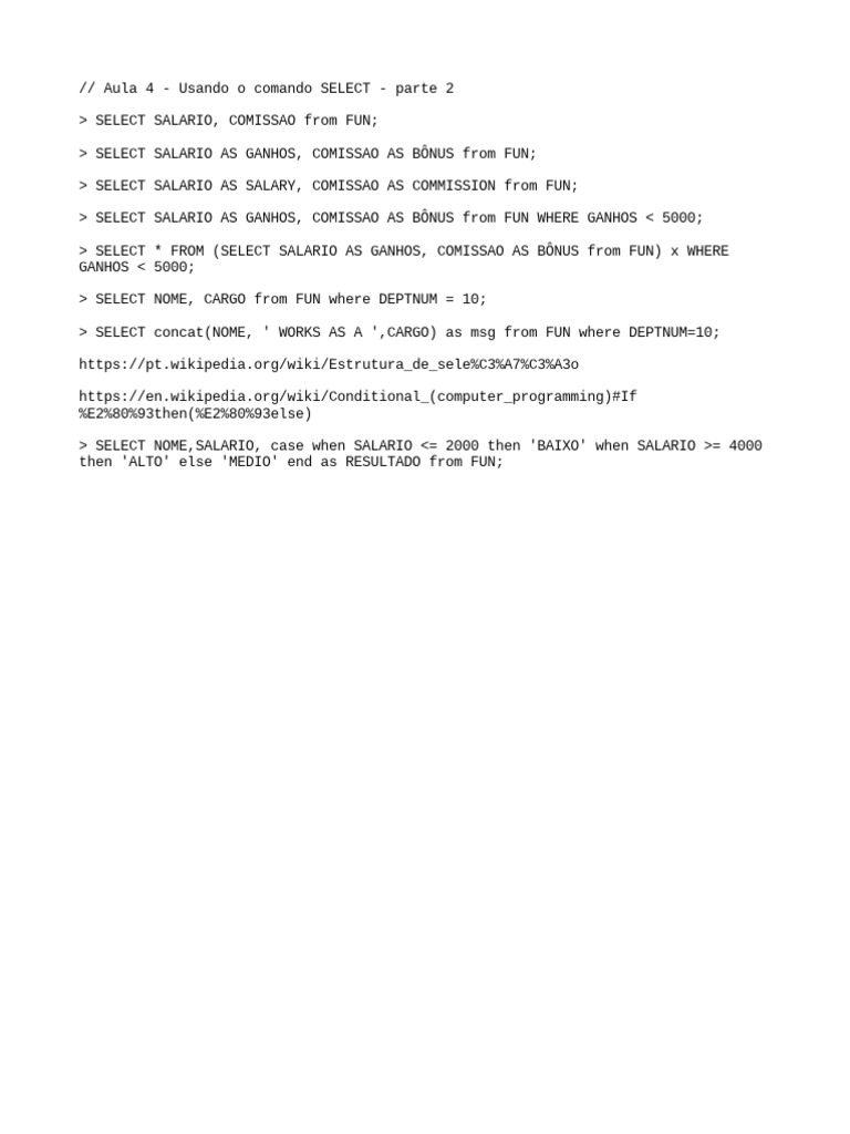 Aula 4 - Usando o Comando SELECT - Parte2 | PDF