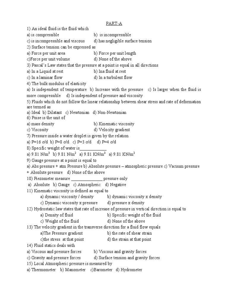 Fluid Mechanics Multiple Choice Questions | PDF | Pressure | Viscosity