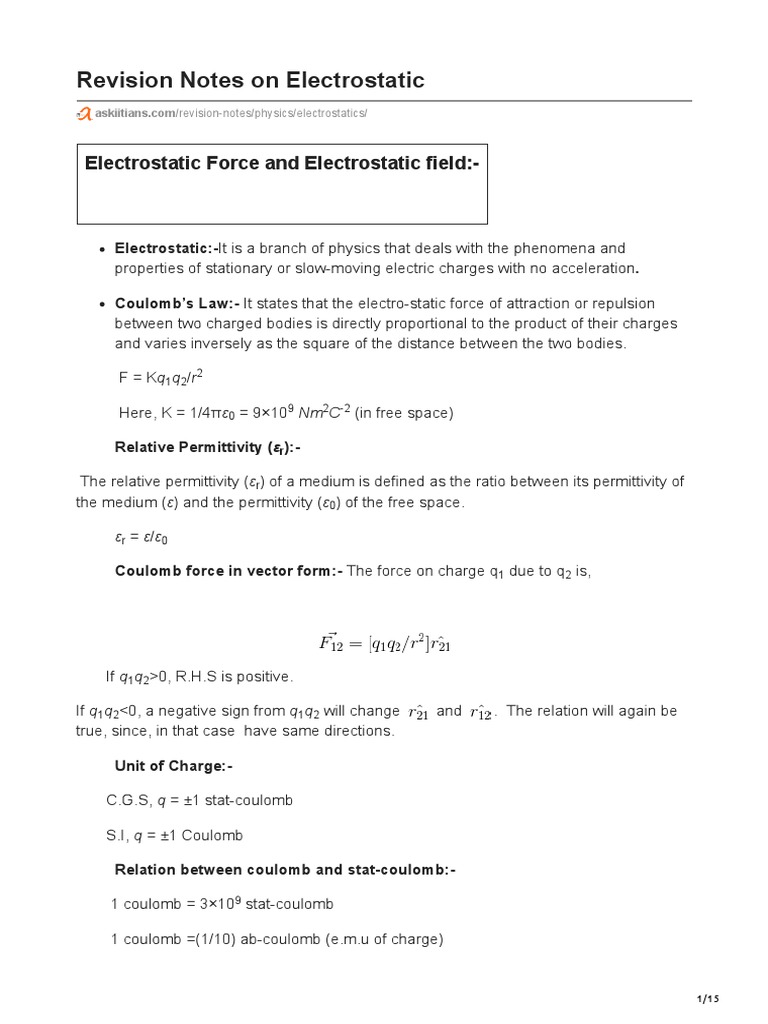 Electrostatic Notes by Alien | PDF | Electric Field | Capacitor