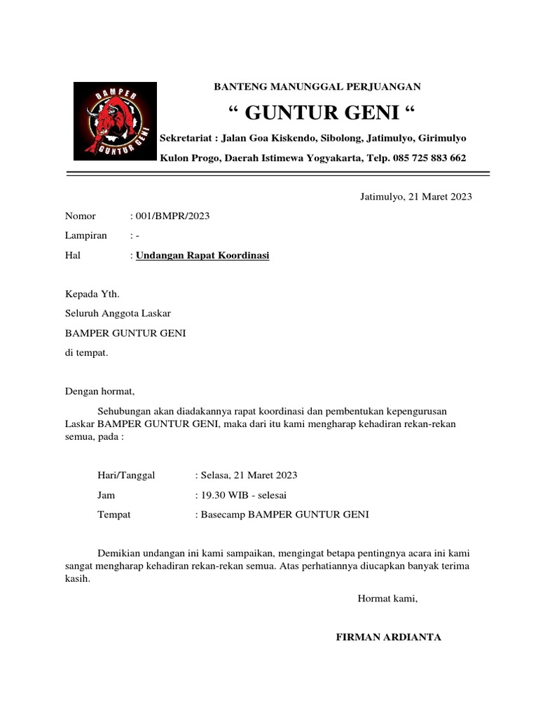 Undangan Rapat Koordinasi BAMPER GUNTUR GENI | PDF