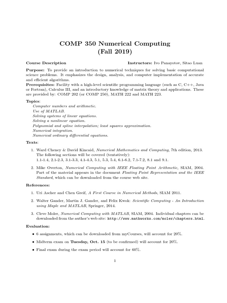 Comp 350 Course Outline | PDF | Numerical Analysis | Matlab