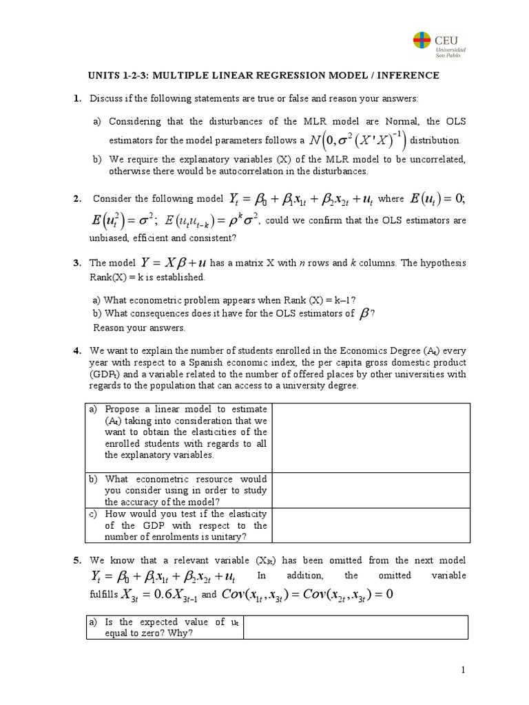 Exercises Units 1,2,3 | PDF | Ordinary Least Squares | Regression Analysis