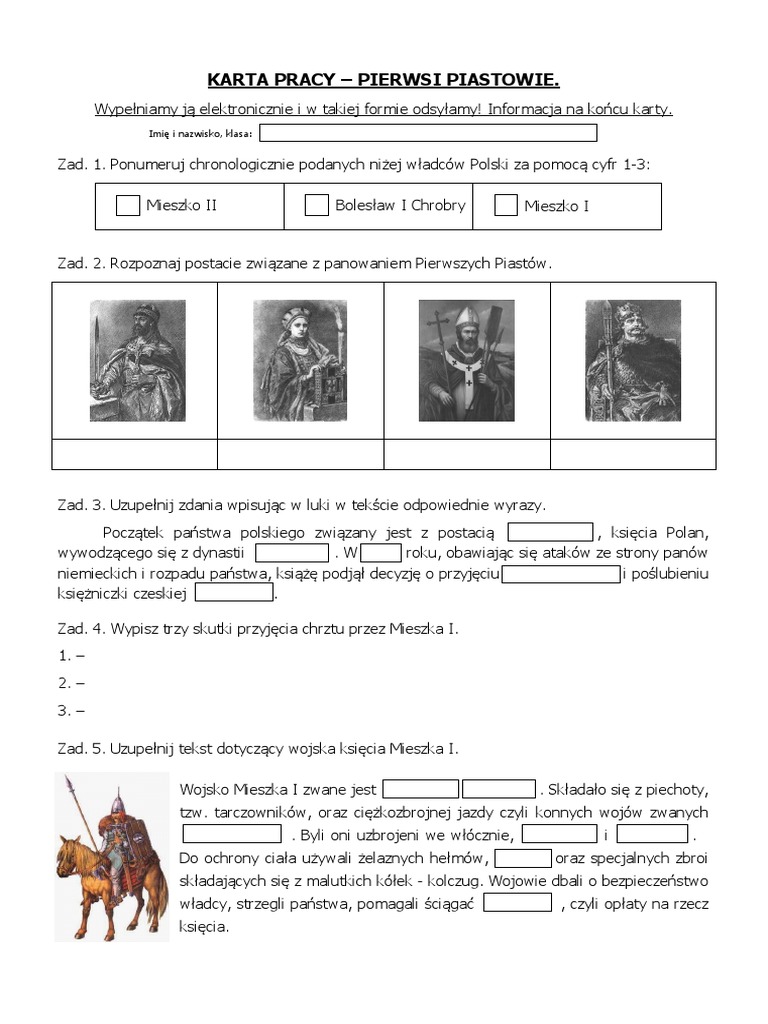 Historia, Kl. 5. Karta Pracy NR 1. Piastowie. | PDF