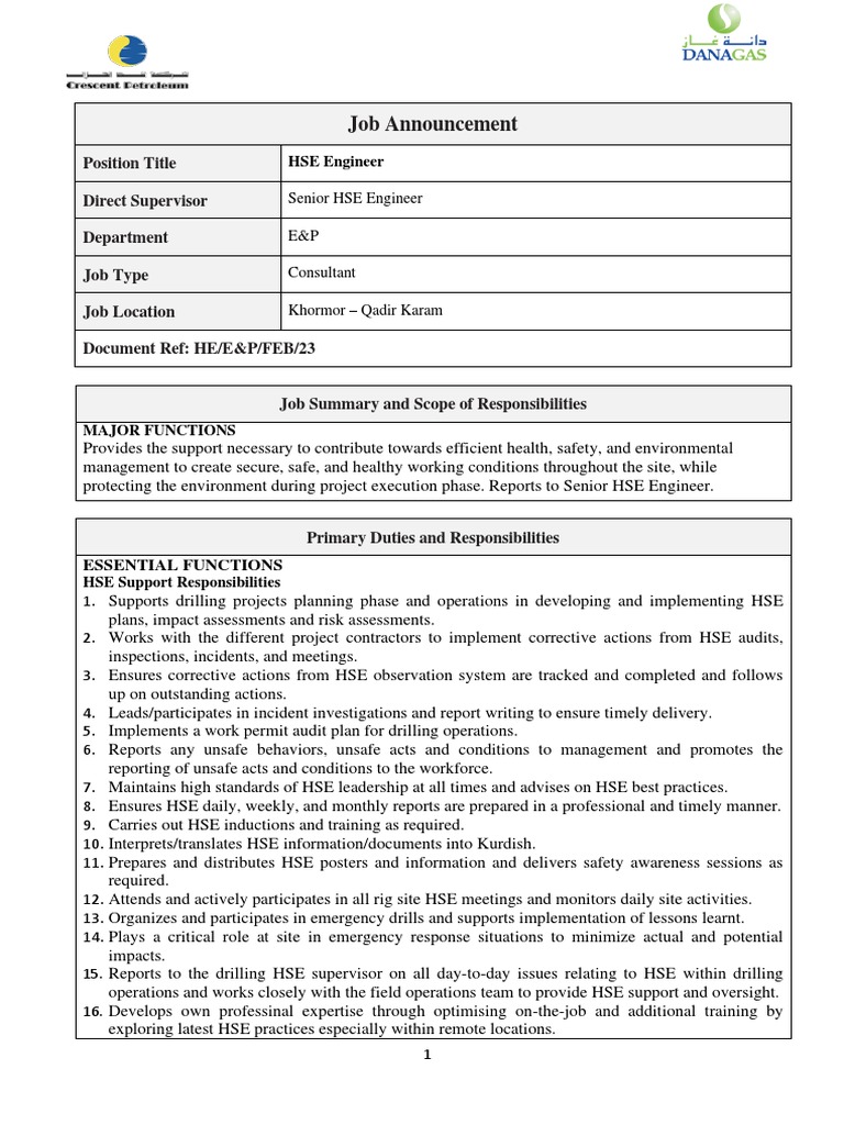 HSE Engineer-1 | Download Free PDF | Safety | Emergency