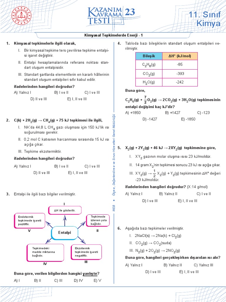 Sınıf 11. Sınıf Kimya Kimya: Kimyasal Tepkimelerde Enerji - 1 | PDF