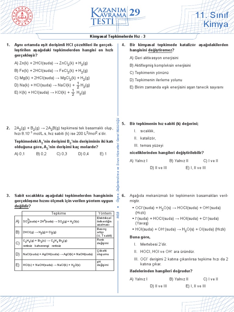 Sınıf 11. Sınıf Kimya Kimya: Kimyasal Tepkimelerde Hız - 3 | PDF