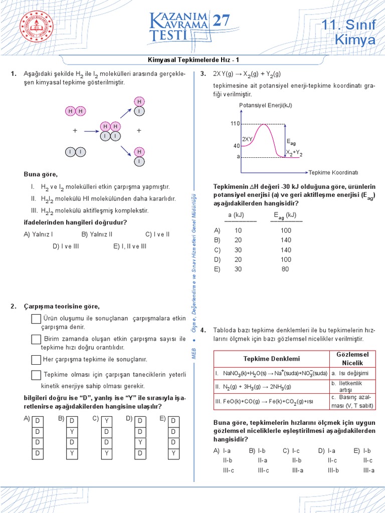 Sınıf 11. Sınıf Kimya Kimya: Kimyasal Tepkimelerde Hız - 1 | PDF