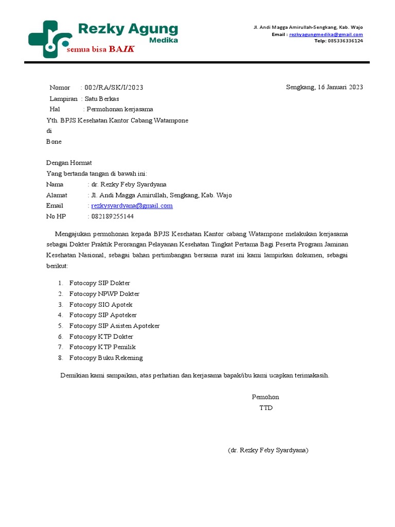 01 Surat Permohonan Kerjasama BPJS | PDF