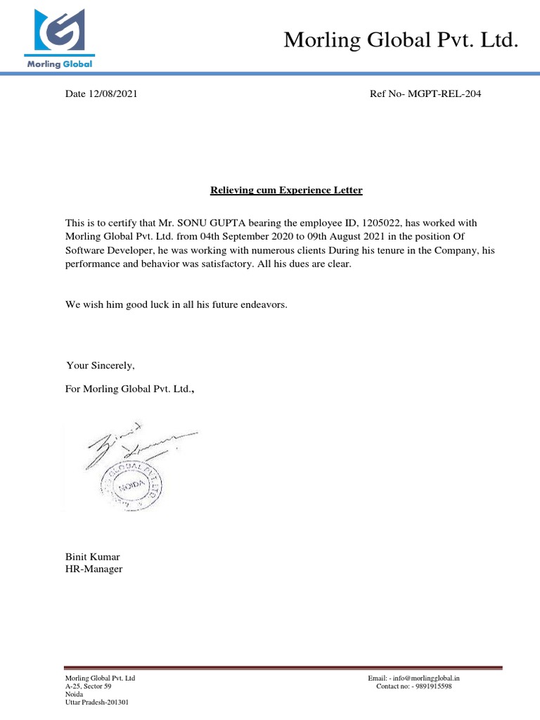 Experience Letter for Sonu Gupta | PDF