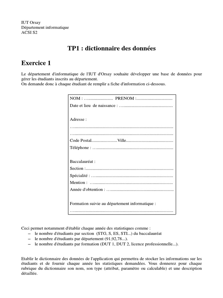 TP1: Dictionnaire Des Données Exercice 1 | PDF | Bases de données | Application
