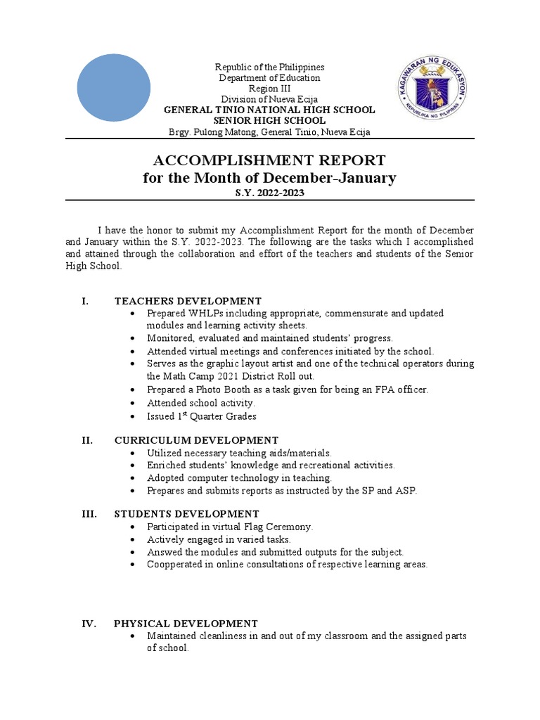 General Tinio National High School Senior High School Accomplishment ...