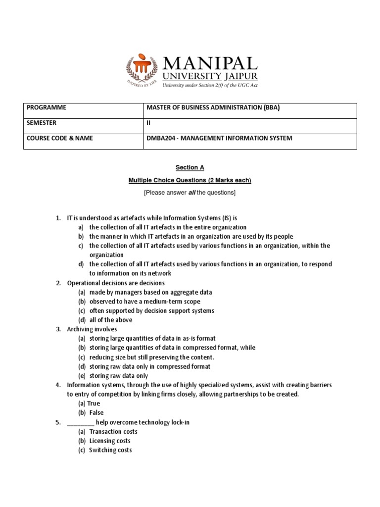 MQP - MBA - Sem2 - Management Information System (DMBA204) PDF | PDF | Procurement | Information ...