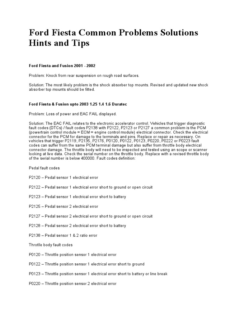 Ford Fiesta Common Problems Solutions Hints and Tips | PDF | Throttle ...