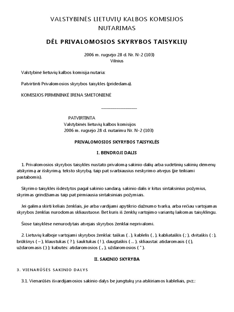 Privalomosios Skyrybos Taisyklės. Nutarimas - KL0602 | PDF