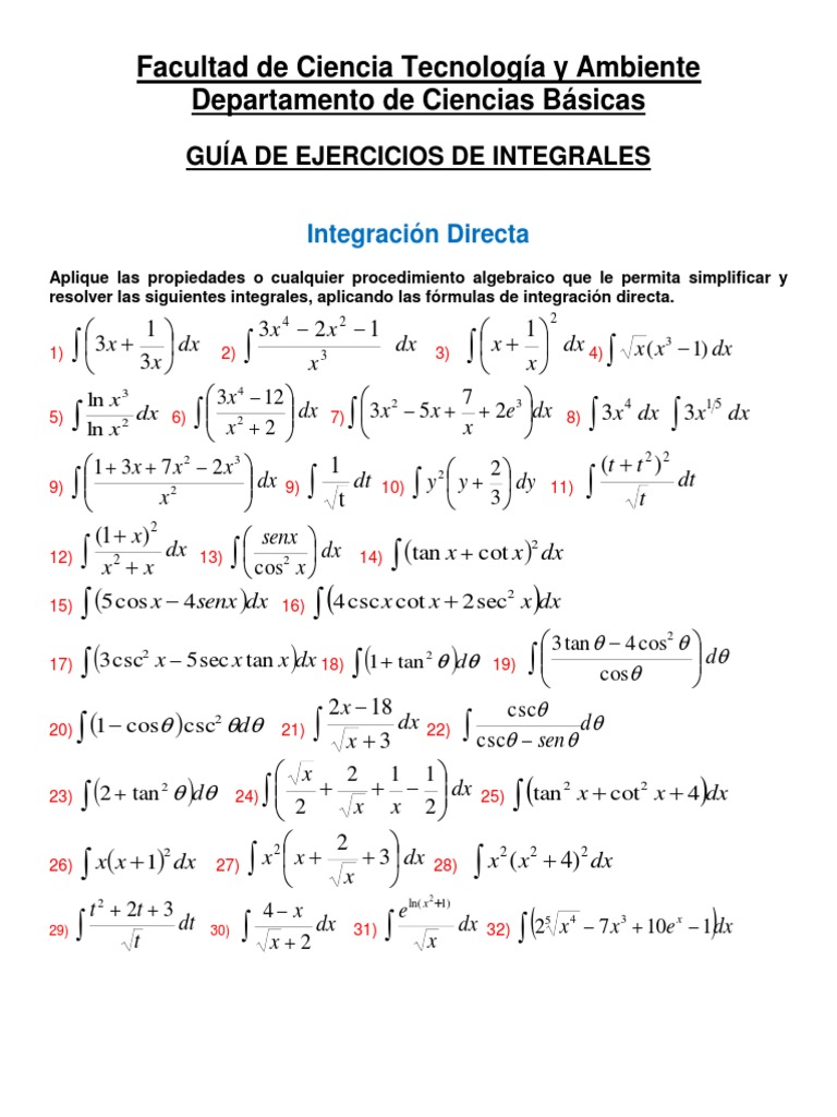 Guía de Ejercicios Integrales PDF | PDF | Cálculo | Zona