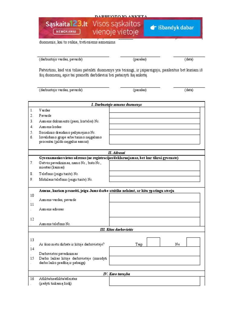 Darbuotojo - Anketa Del Asmens Duomenu Apsaugos | PDF