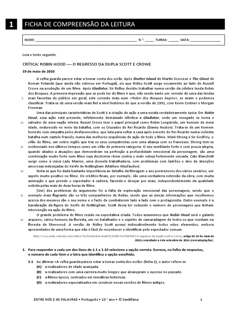 U1 - Ficha Compreensao Leitura | PDF | Robin Hood