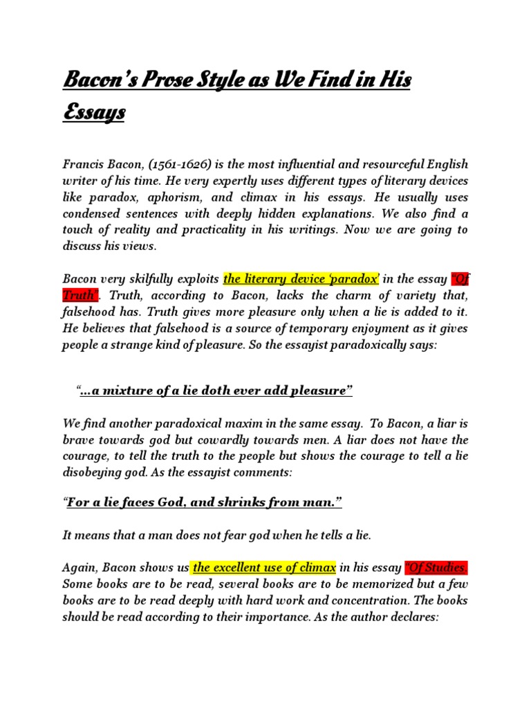 Bacon's Prose Style As We Find in His Essays PDF | PDF | Essays | Love