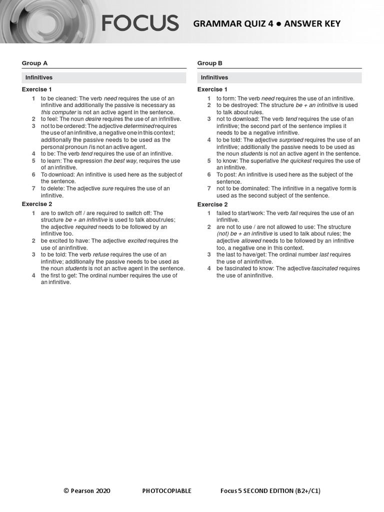 Focus5 2E Grammar Quiz Unit4 GroupA B ANSWERS | PDF | Verb | Adjective