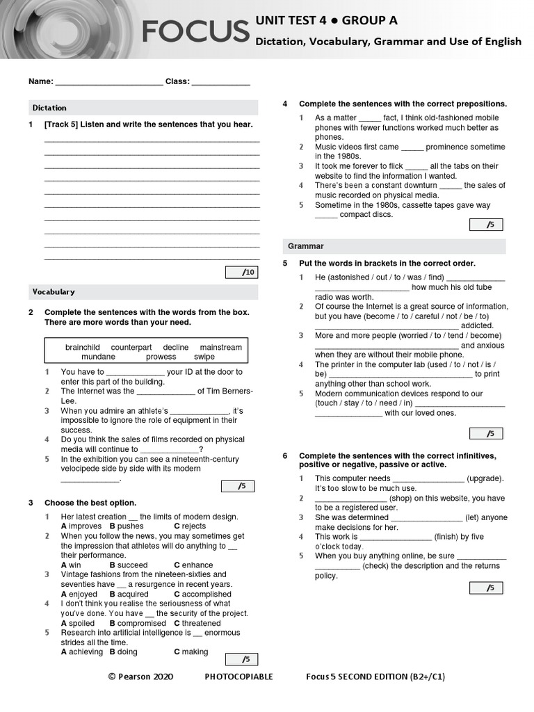Focus5 2E Unit Test Unit4 Dictation Vocabulary Grammar UoE GroupA | PDF