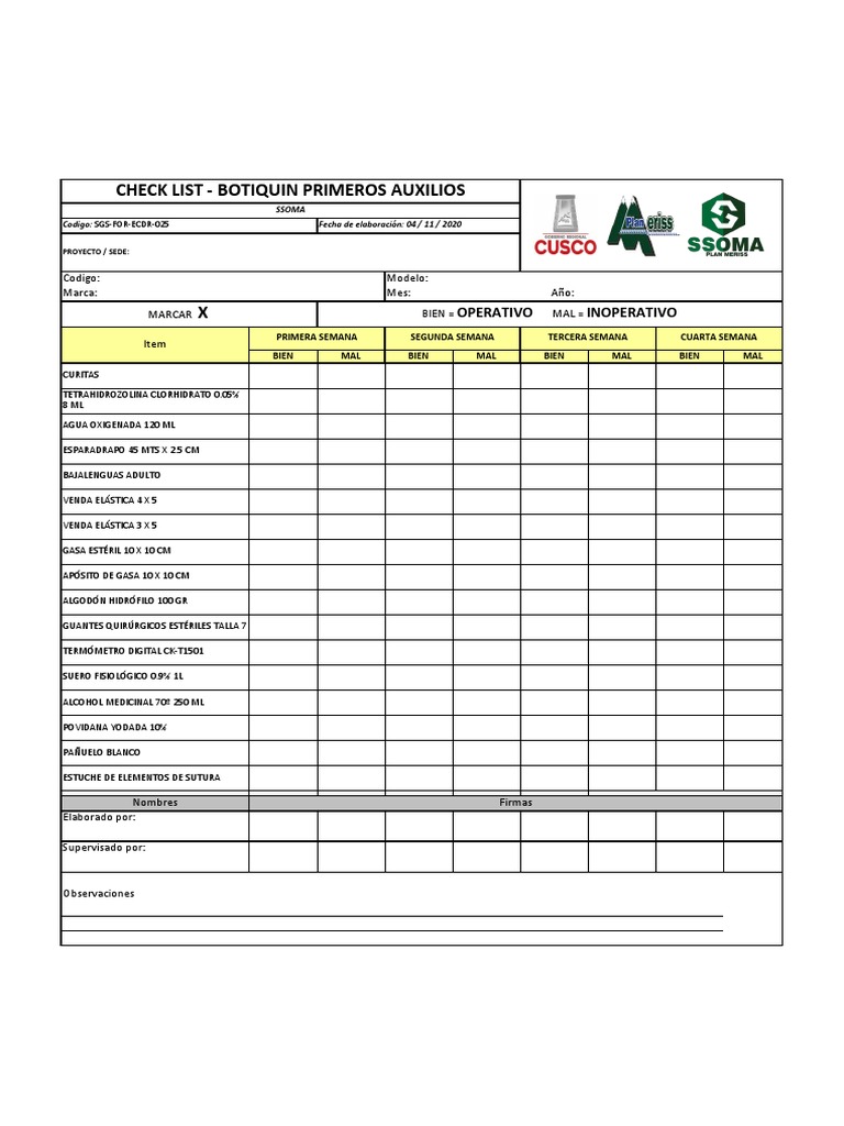 Check List - BOTIQUIN PRIMEROS AUXILIOS - SEDE MERISS | PDF