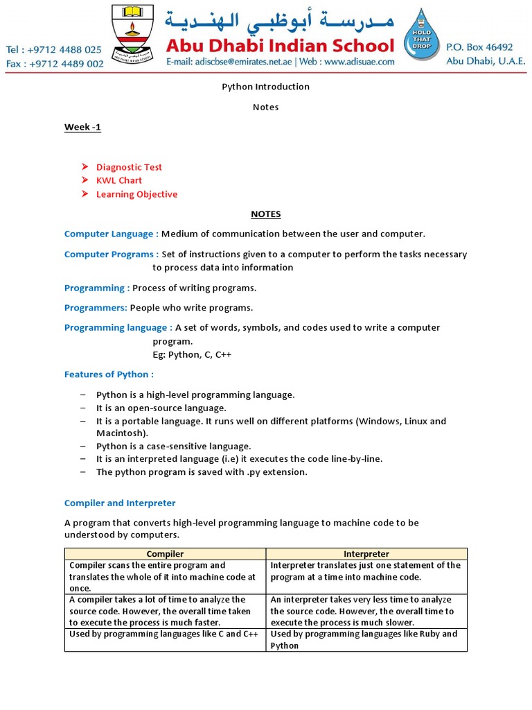 Python Introduction Notes Week 1 Pdf Reserved Word Python Programming Language 2667
