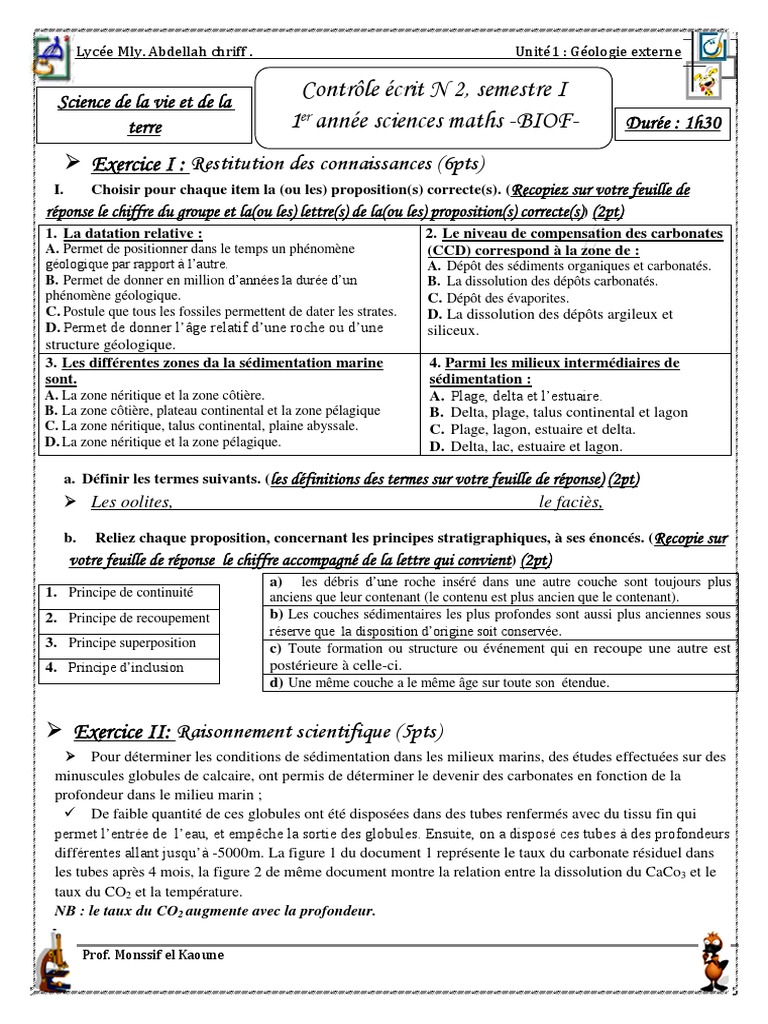 Contrôle SVT 1 Bac : Géologie Externe | PDF | Fossile | Géologie