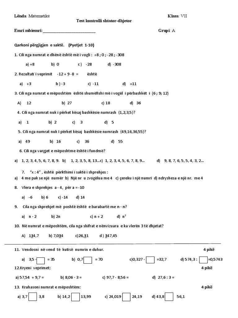 Test KL 7 Sem 1 A | PDF