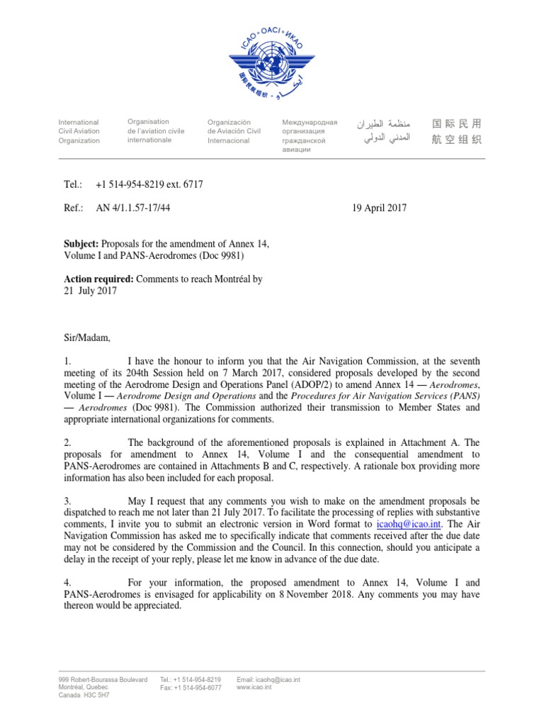 Proposals For The Amendment of Annex 14, Volume I and PANS-Aerodromes ... Proposals For The Amendment of Annex 14, Volume I and PANS-Aerodromes ...