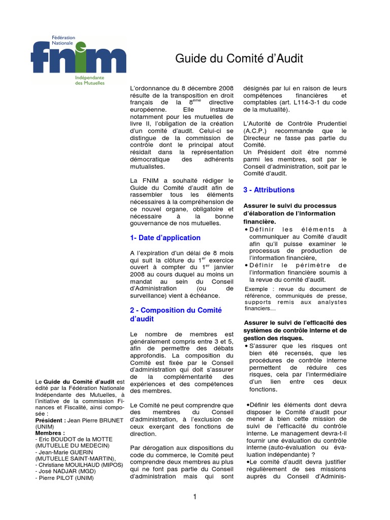 Guide FNIM pour le Comité d'Audit des Mutuelles | PDF | Audit | Contrôle interne