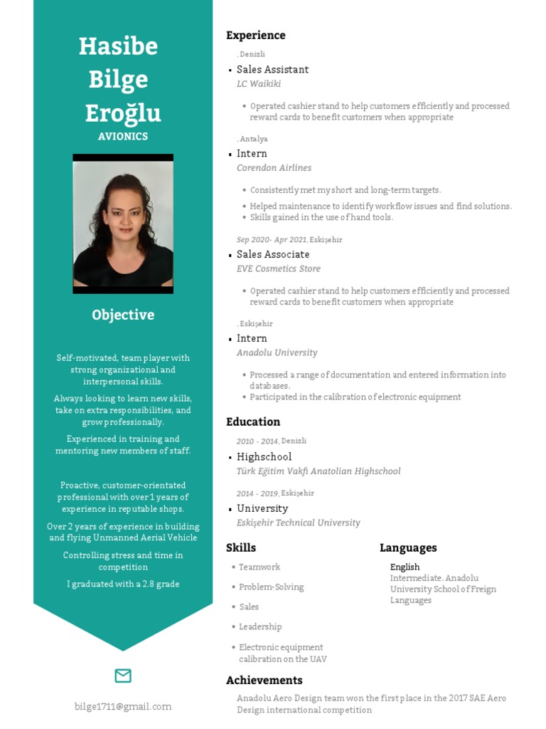 Hasi̇be Bi̇lge Eroğlu CV PDF | PDF | Unmanned Aerial Vehicle | Aviation