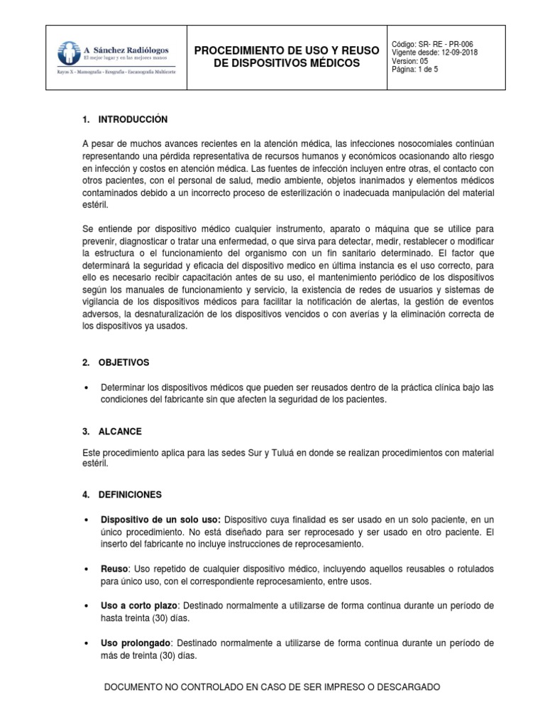 SR-RE-PR-006 - PROCEDIMIENTO DE USO Y REUSO DE DISPOSITIVOS MÉDICOS - V5 - Sept.2018 | PDF ...