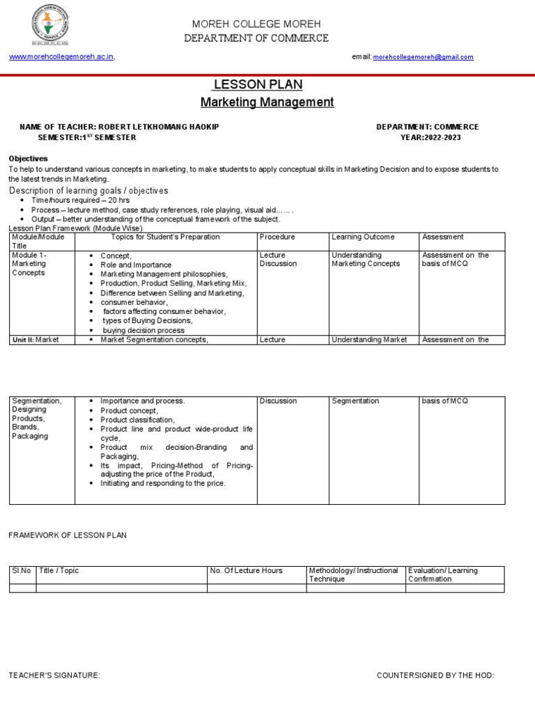 Marketing Management Lesson Plan | PDF | Marketing | Lesson Plan