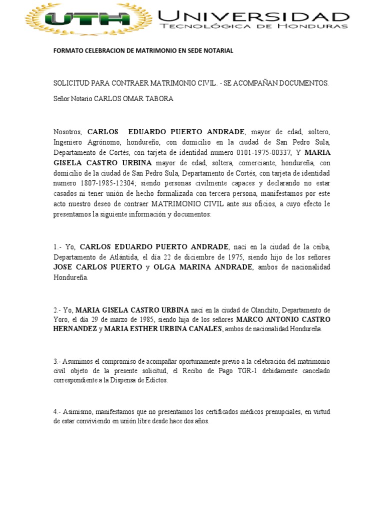 SOLICITUD ANTE NOTARIO PARA CONTRAER MATRIMONIO CIVIL. | PDF | Matrimonio | Honduras
