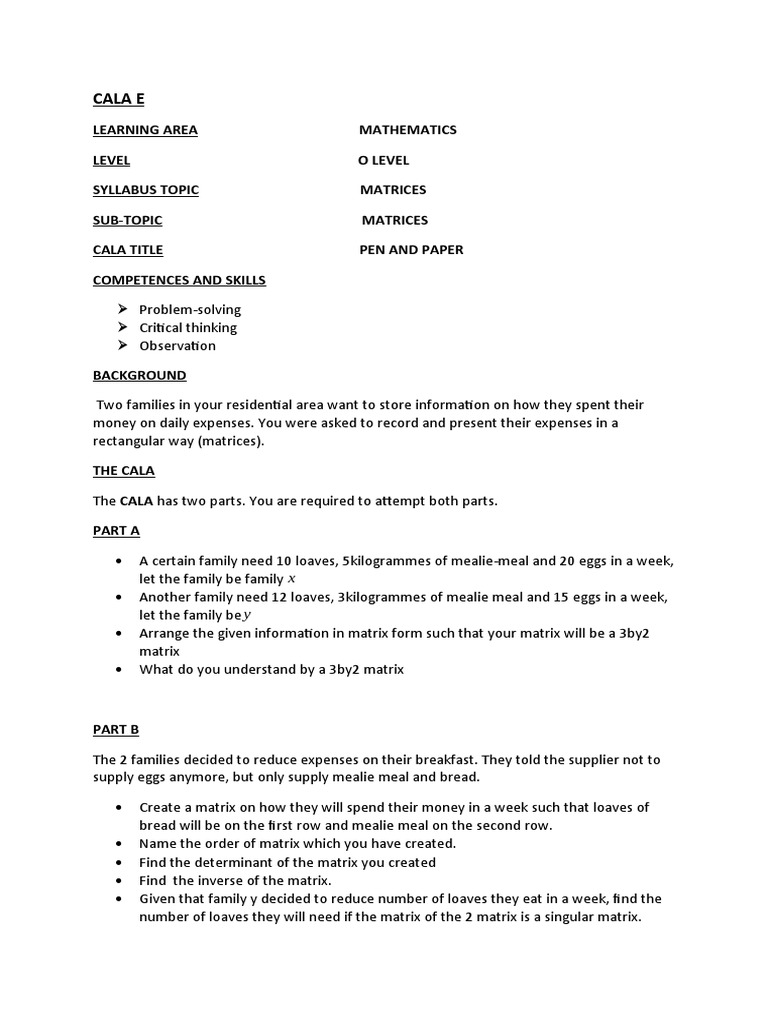 Matrices Olevel Cala | PDF | Matrix (Mathematics) | Determinant