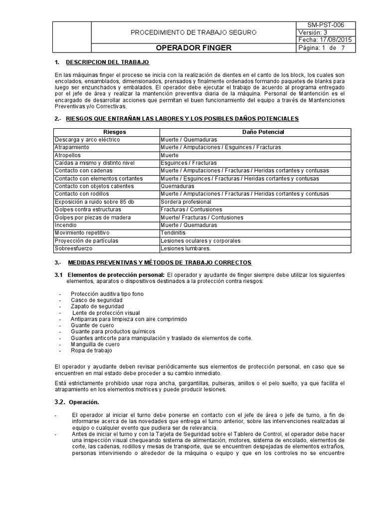 Procedimiento Seguro Operador Finger | PDF | Bienes manufacturados