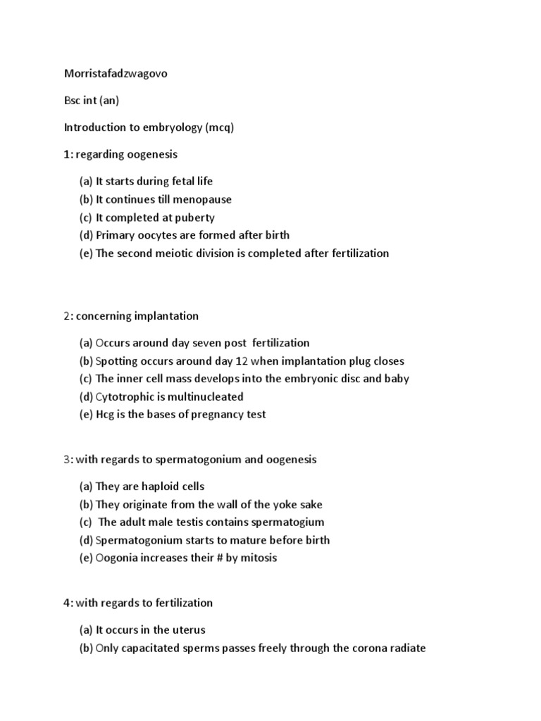 Embryology Mcqs | PDF