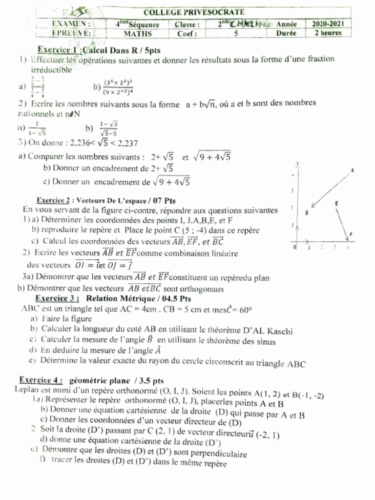 Mathématique Collège Privé Socrate Séquence 4 Seconde C 2021