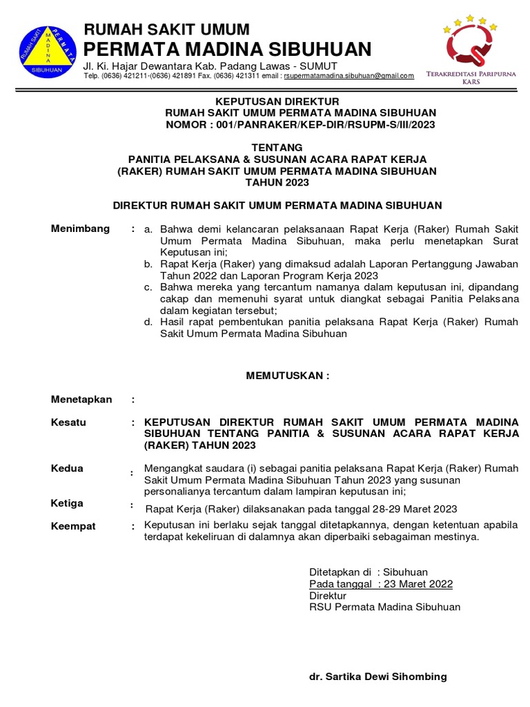 Kepdir Tentang Panitia Raker 2023 | PDF