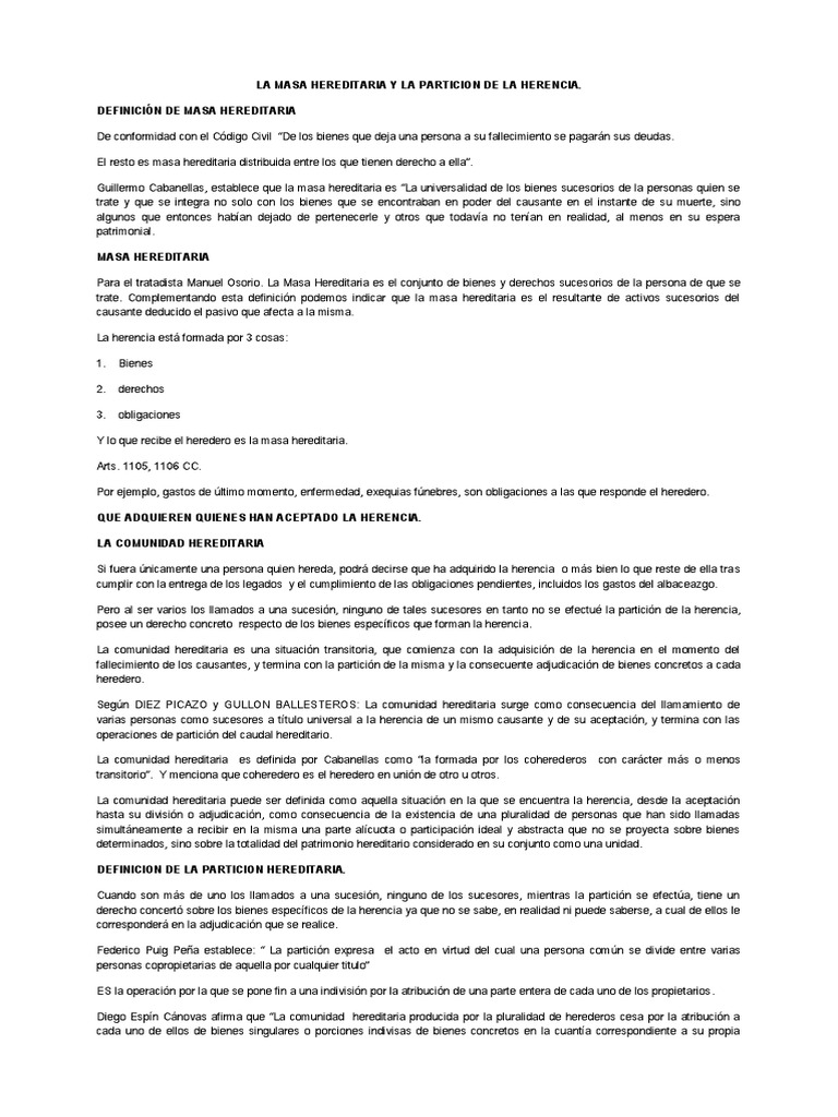 Masa Hereditaria y Su Partición | PDF | Herencia | Propiedad