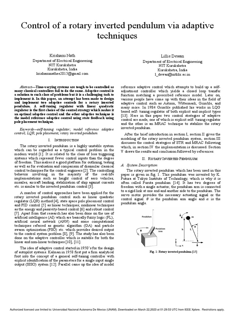 Control of A Rotary Inverted Pendulum Via Adaptive Techniques PDF | Download Free PDF | Control ...