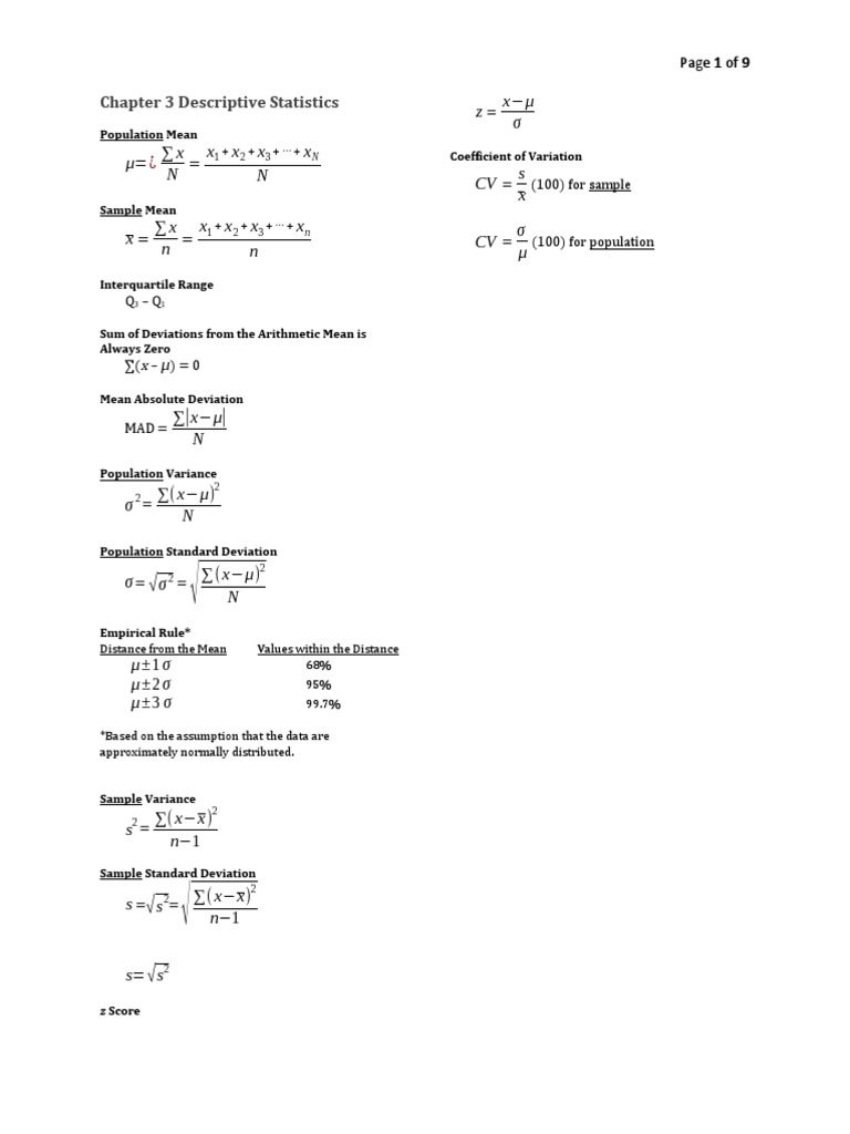 BU255 - All Formulas 2022fall | PDF | Sample Size Determination | Standard Deviation