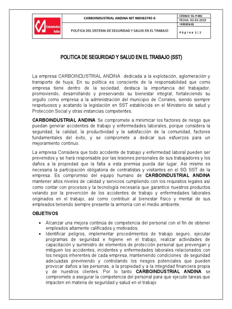 Politica de Seguridad y Salud en El Trabajo Incolmin | PDF | Valores | Seguridad y salud ocupacional