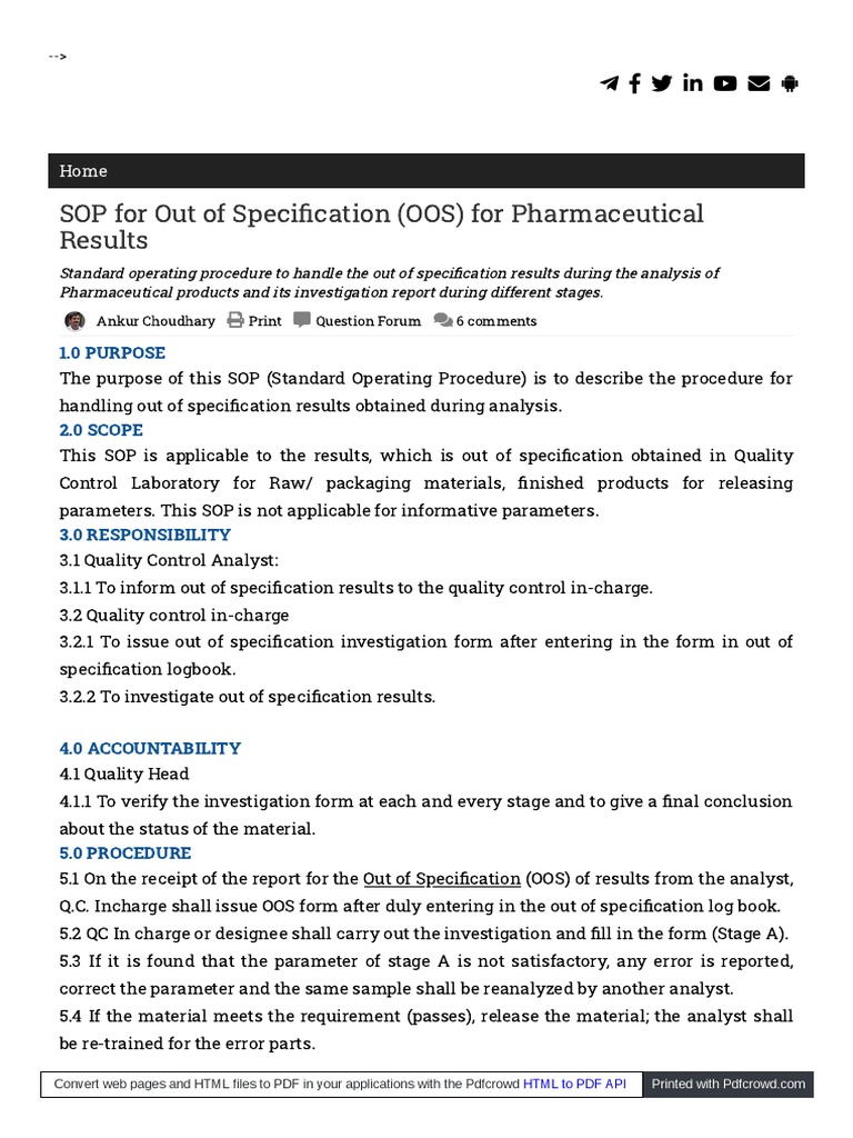 WWW Pharmaguideline Com 2010 03 Sop For Out of Specification | PDF