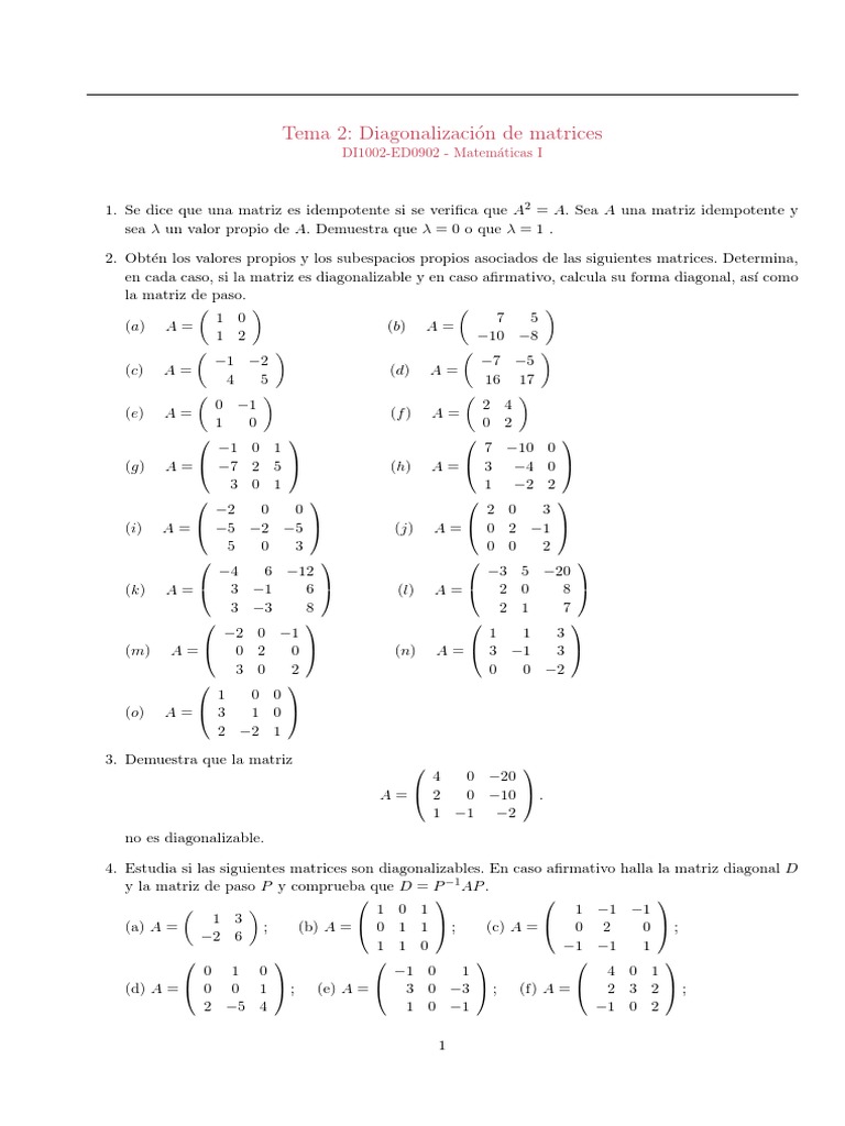 Tema 2. Problemas de diagonalización de matrices | PDF | Valores ...