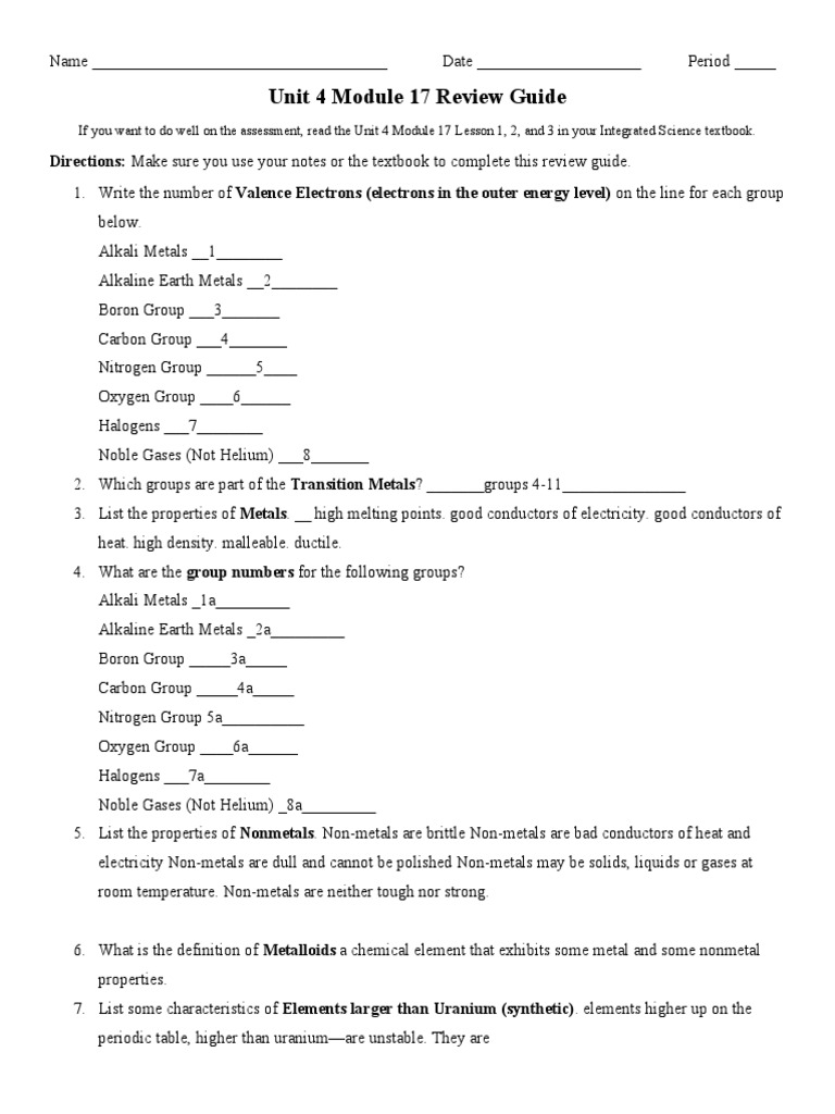 Unit 4 Module 17 Assessment Review Guide Pdf Metals Periodic Table