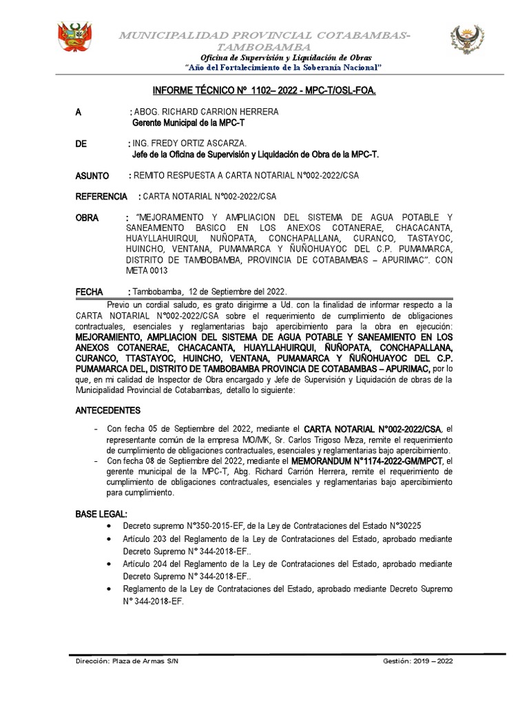 Informe Técnico 1145-2022 Respuesta A Carta Notarial N°002-2022-Csa | PDF
