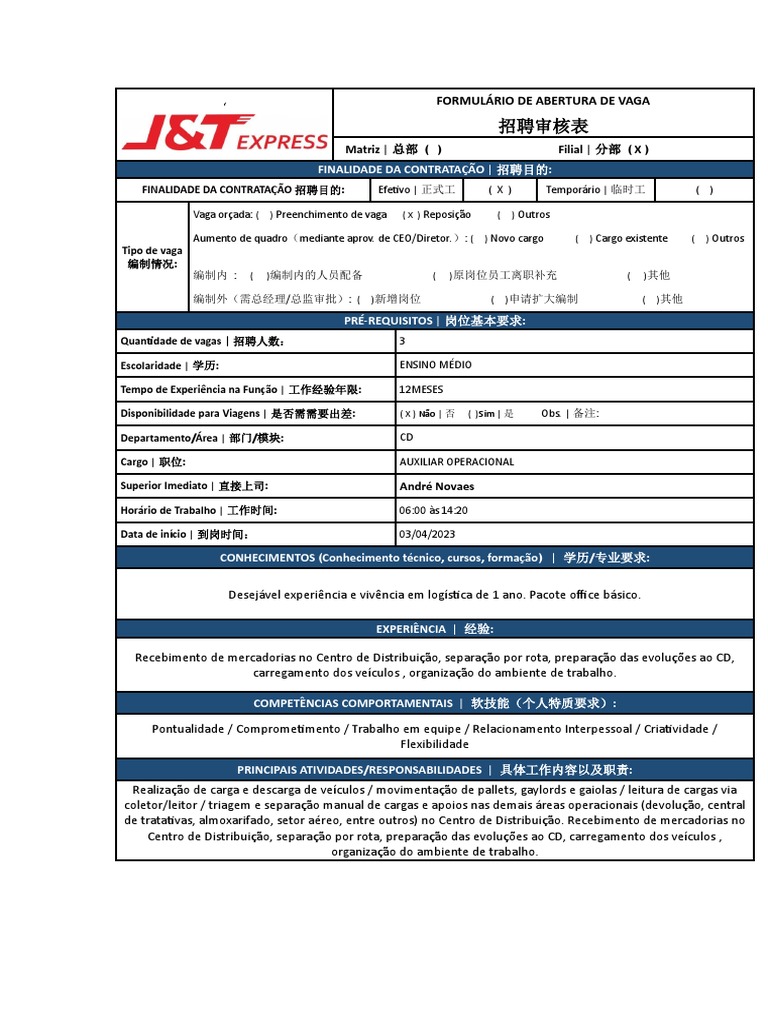 Formulário de Abertura de Vaga | PDF | Carreira e Crescimento | Negócios